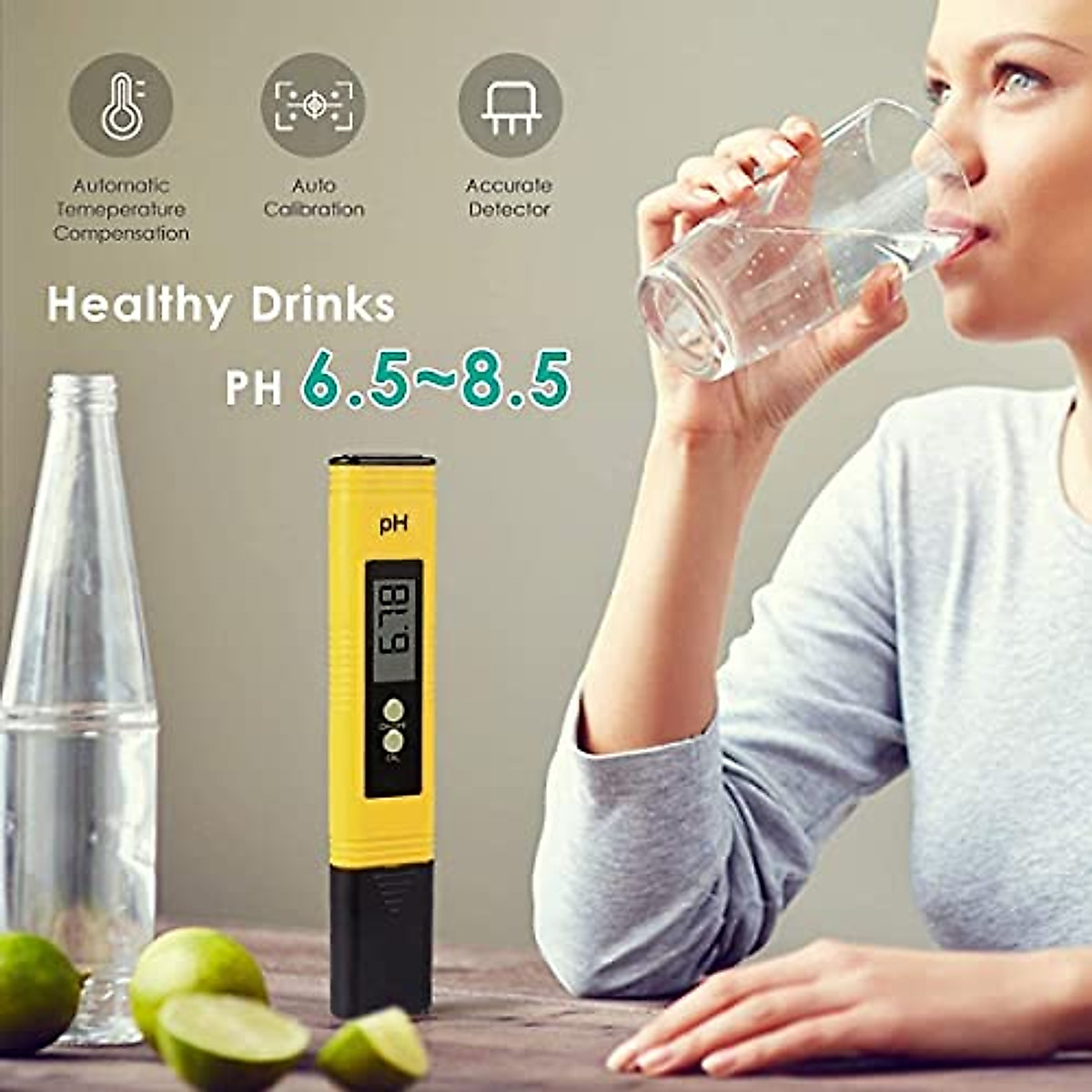 Precise Digital PH Meter, Tester with 0-14 PH Measurement Range for Household Drinking, Pool and Aquarium Water PH Tester Design with ATC Practical (Color : Yellow) Water Quality Detector