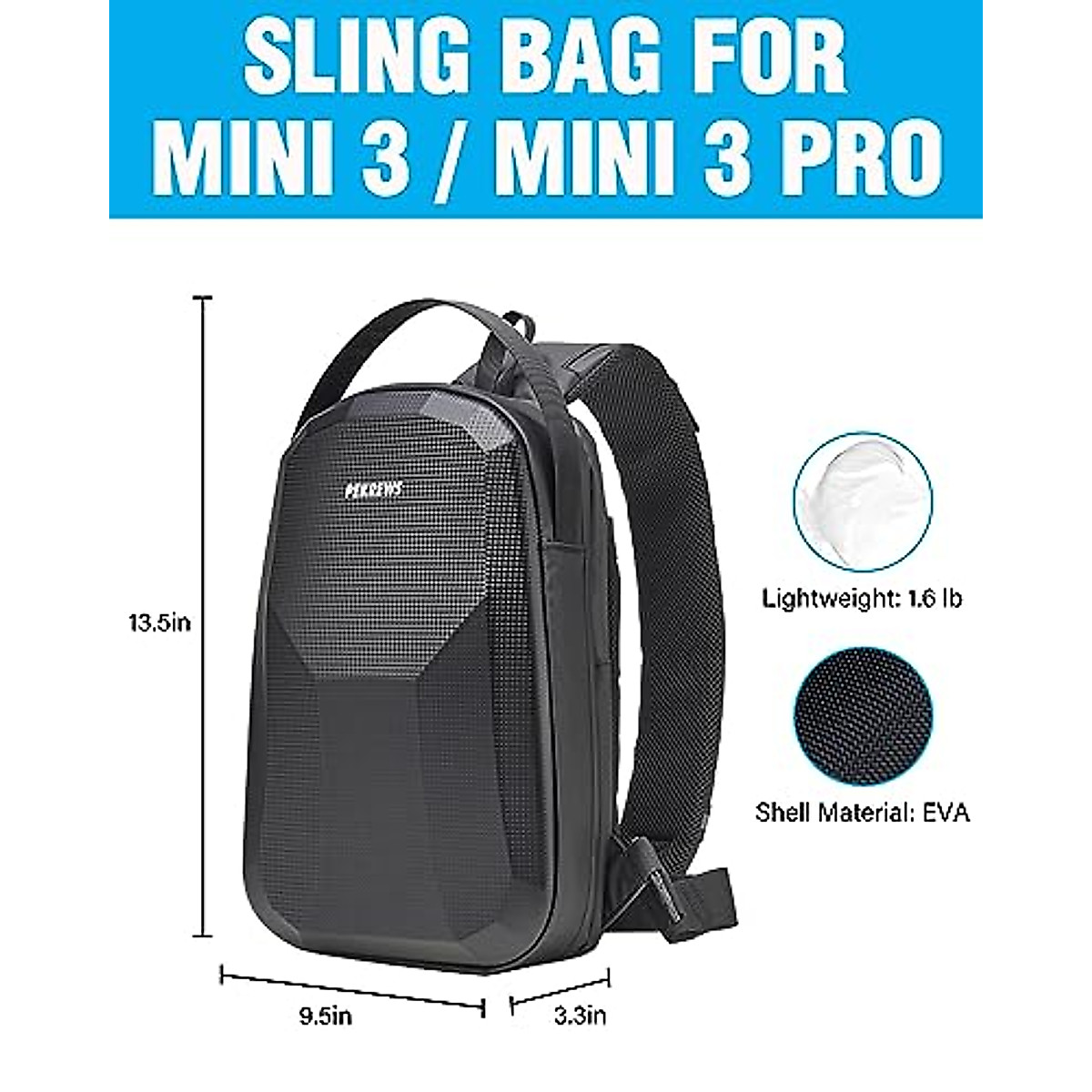 PEKREWS Mini 3 Pro Case, Waterproof Hard Carrying Case Portable Travel Drone Bag Sling Backpack Compatible with DJI Mini 3 Pro with RC Controller, Fly More Combo and Accessories, Black (Case Only)