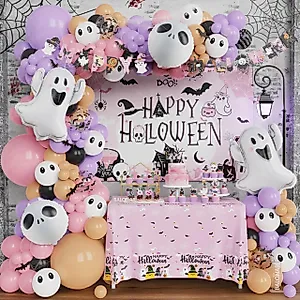 Pink Black Purple Halloween Birthday Party Decorations Happy Halloween Banner Cake Topper Backdrop Tablecloth Skeleton Mylar Balloons for Girls Spooky Birthday BOO Day Party Supplies (Pink)