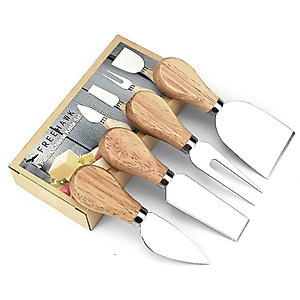 Freehawk 4 Pieces Set Cheese Knives with Bamboo Wood Handle Steel Stainless Cheese Slicer Cheese Cutter (Original Bamboo Handle)