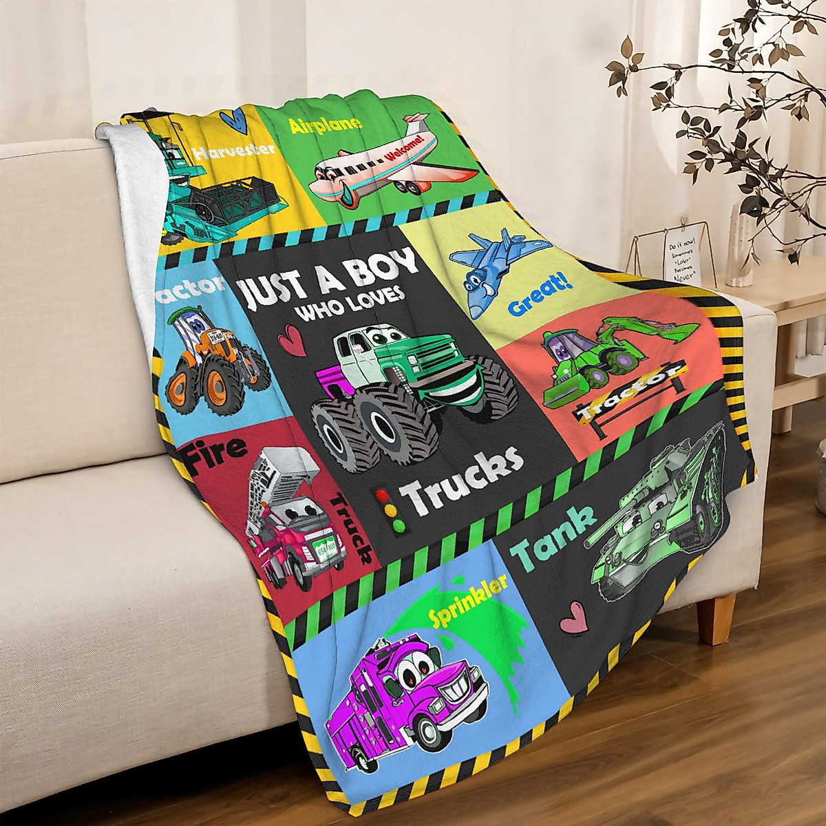 Truck Blanket,Car Gift for Boys,Just A Boy Who Loves Trucks Throw,Soft Tractor Flannel Blanket Lightweight Airplane Blanket Decor Tank Quilt for Kids Bed Sofa Car 40"x50" for Kid Boy