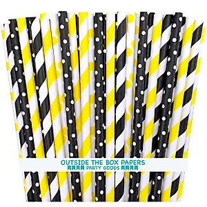 Outside the Box Papers Bee Theme Striped and Polka Dot Paper Straws 7.75 Inches 100 Pack Black, Yellow, White