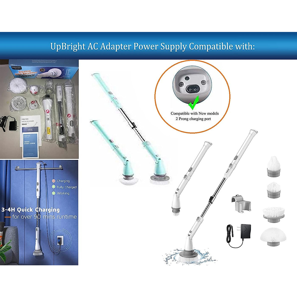 UpBright 2-Prong 9V AC/DC Adapter Compatible with Homitt HM115C HM115D HM115 C HM 115 D HM115CW HM115CD HM115CG Electric Spin Scrubber 360 Cordless Power Scrub FD DK10-090-0650 Supply Battery Charger