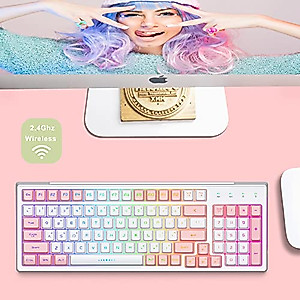 CK98 Wireless Gaming Keyboard and Mouse Combo,Rechargeable RGB White Gaming Keyboard RGB Backlit 98 Keys Mechanical Feeling Dual Color Keyboard and Gaming Mouse 3200DPI for PC Mac Gamers(WhitePink)