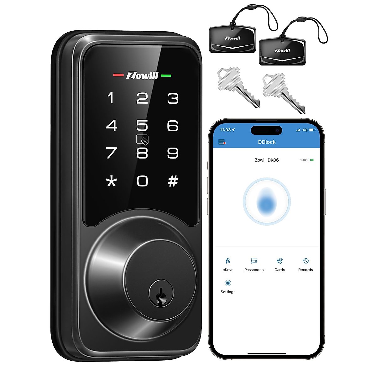 Zowill Smart Lock - Keyless Entry Door Lock with APP Control, Touchscreen Keypad Electronic Digital Lock, Auto-Lock, Easy Installation, Smart Deadbolt Lock for Front Door - Matte Black
