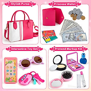 Juboury Play Purse for Little Girls, Pretend Play Accessories with Wallet, Toy Phone, Credit Card, Keys, Princess Pretend Makeup Girl Toys for 3 4 5 6 7 8 Years Old