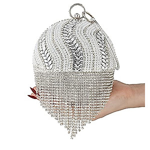 UMREN Women Pearl Round Ball Dazling Crystal Evening Clutch Purse Rhinestones Tassel Wedding Party Handbags Silver 5