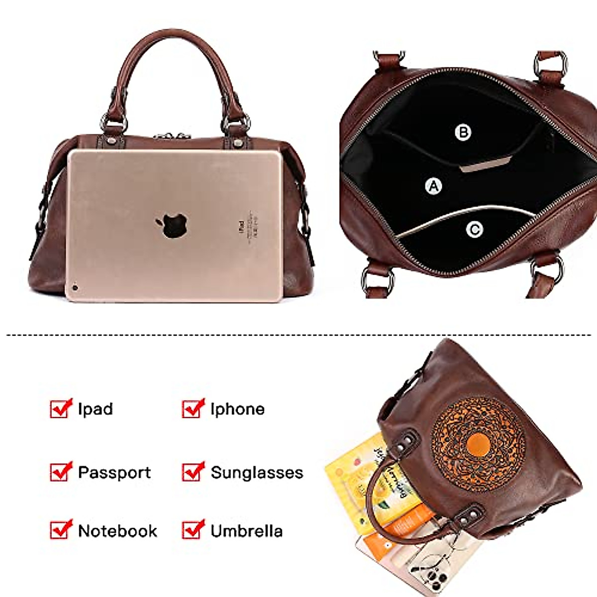 Leather Handbag for Women, Retro Mandela Crossbody Handbag Tote Bag (Coffee)