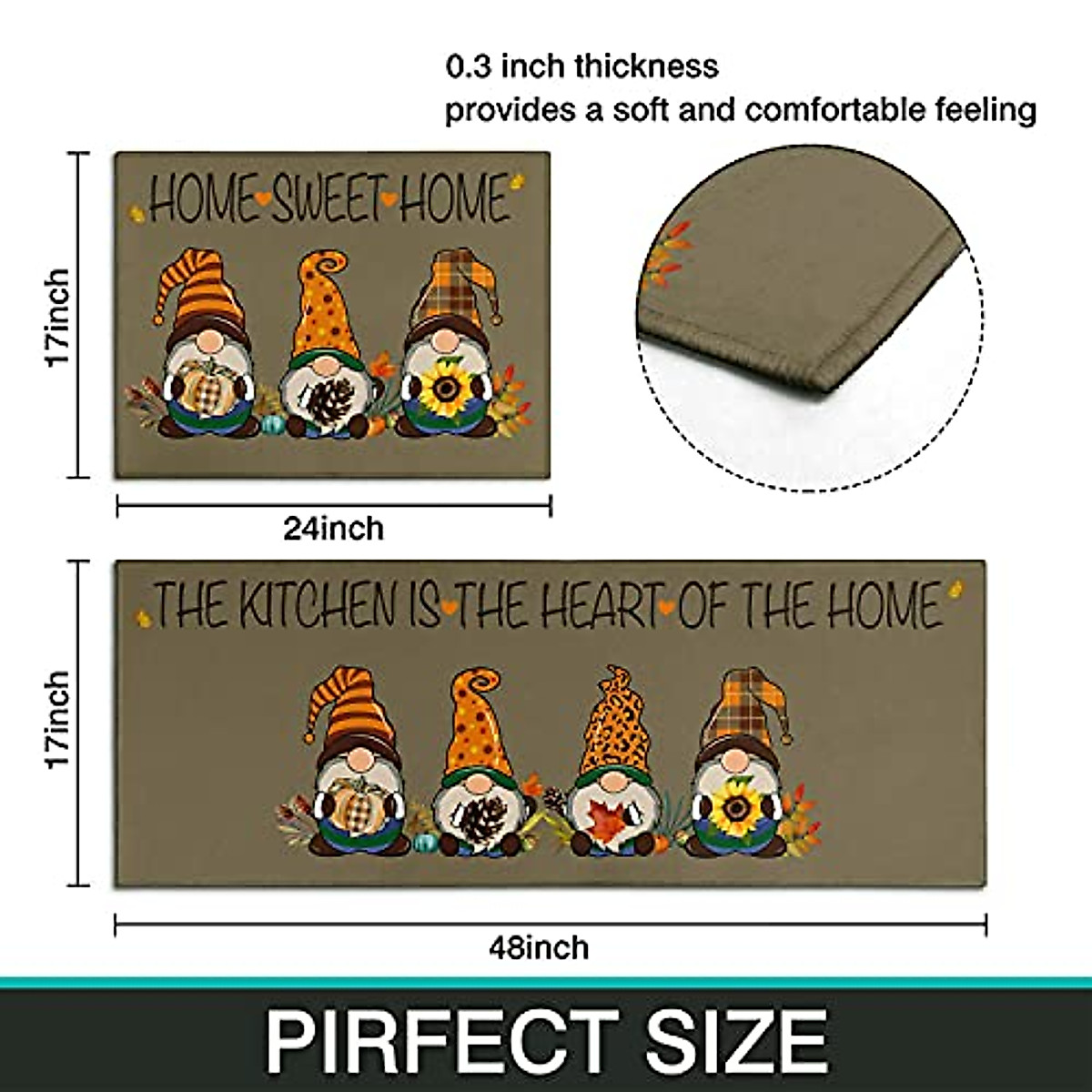 Fuoxowk Thanksgiving Decor Kitchen Mat and Rug Set-Gnome Kitchen Rugs and Mats Non Skid Washable,Floor Cushion Waterproof Rug,Rubber Backed Area Rugs for Kitchen Sink,Laundry Room,Indoor Floor,Brown