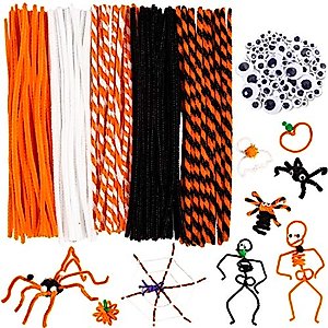 Whaline 450Pcs Halloween Pipe Cleaners Set Includes 5 Colors Chenille Stems 5 Sizes Wiggle Googly Eyes 4 Sizes Pompoms for Halloween Party DIY Art Craft Supplies (Black, Orange, White)