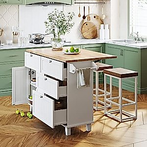 Merax 3 Piece Dining Table Set with Storage Cabinet,Drop Leaf Table with 2 Stools,Wood Kitchen Table and Chair Set Island Cart Trolly Breakfast Bar with Drawers Towel Rack