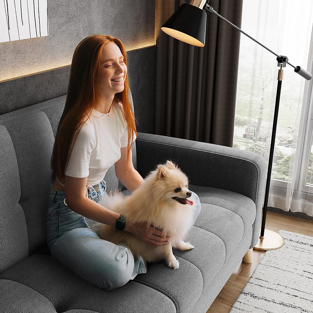 Yaheetech 2-Seater Fabric Sofa Loveseat with USB Ports Mid-Century Modern 65? W Couch Sofa with Solid Wood Legs for Living Room Apartment Bedroom Office Dark Gray