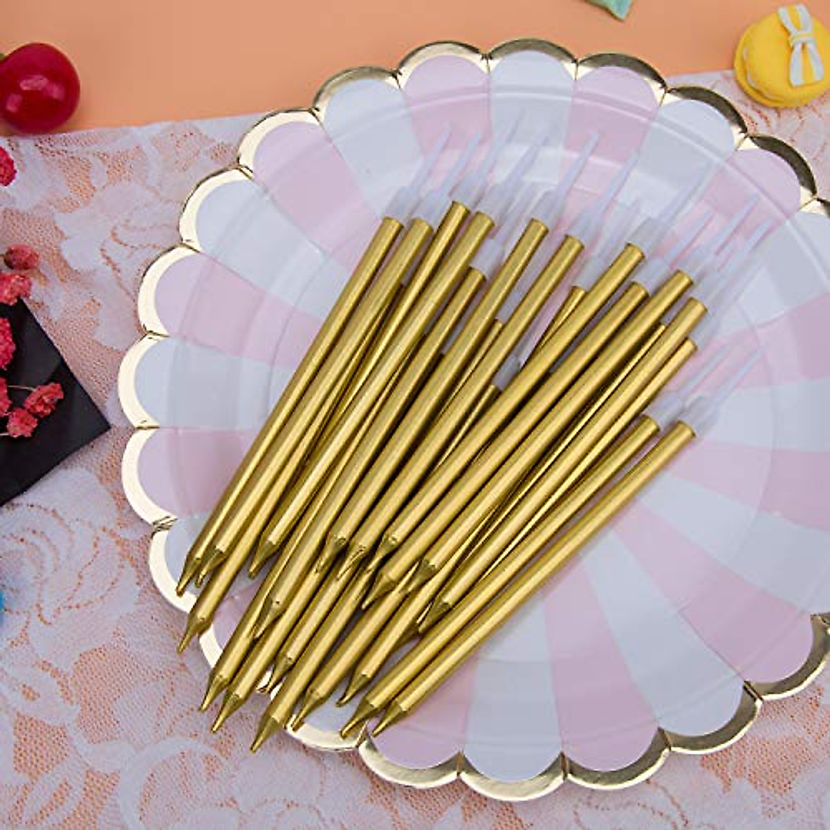 LUTER Metallic Birthday Candles in Holders Tall Birthday Cake Candles Long Thin Cupcake Candles for Birthday Wedding Party Decoration(24 Pieces) (Gold)