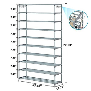 Tribesigns 10 Tiers Shoe Rack Shoe Shelf Large Capacity Shoe Organizer Tall Shoe Storage for Closet Entryway, Space Saving Shoe Tower for Living Room Hallway (Grey)