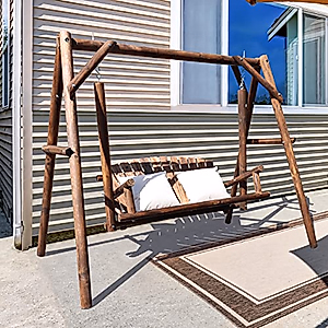 MUPATER Wooden Patio Porch Swing Glider Outdoor with A-Frame Stand, 2 Person Wood Log Porch Swing Bench Chair with Curved Back for Outside Yard, Garden, Deck and Poolside, Rustic
