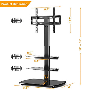 5Rcom Floor TV Stand with Mount, Height Adjustable TV Floor Stand with Swivel Mount for 27-70 inch Flat or Curved Screens TVs, Sturdy Tempered Glass Base with 3 Large Shelves for Bedroom, Black