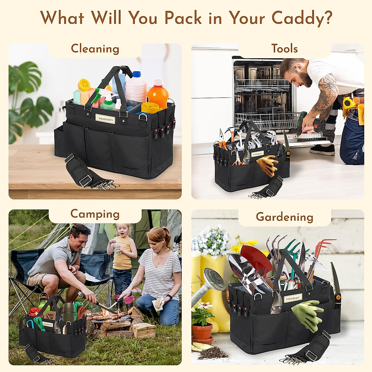 FifthStart Multiuse Cleaning Caddy with Waist & Shoulder Strap - Professional 9 Pockets Tote Bag for Housekeeping Diaper Gardening Fishing Beach Bathroom Organizer Adjustable Compartments, Black Large