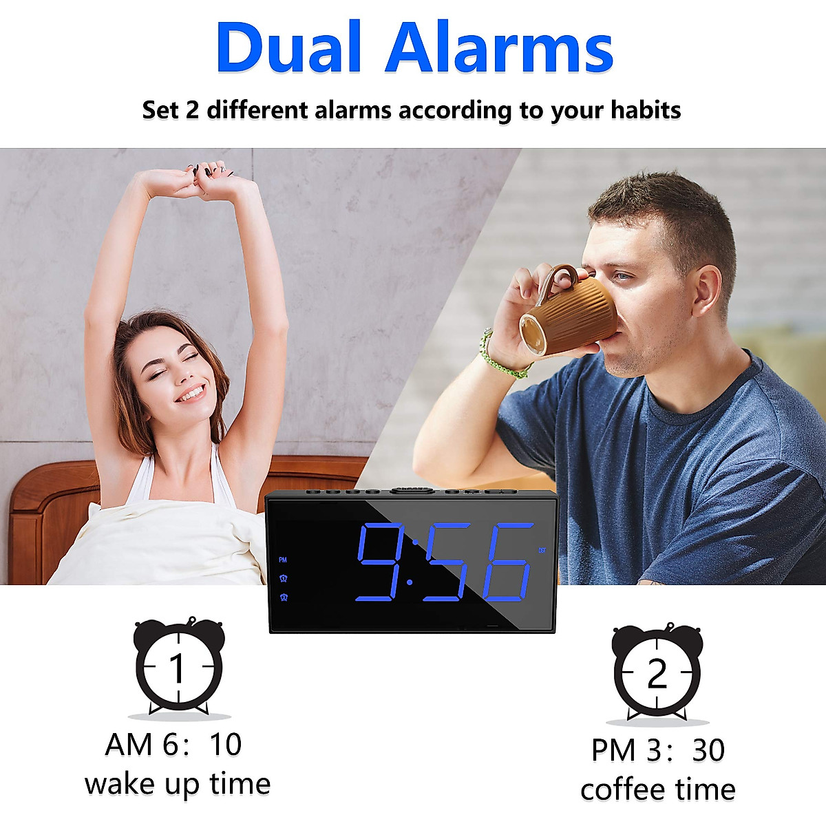 Digital Dual Alarm Clock for Bedroom, Large Display Bedside with Battery Backup, USB Phone Charger, Volume, Dimmer, Easy to Set Loud LED Heavy Sleepers Kid Senior Teen Boy Girl Kitchen