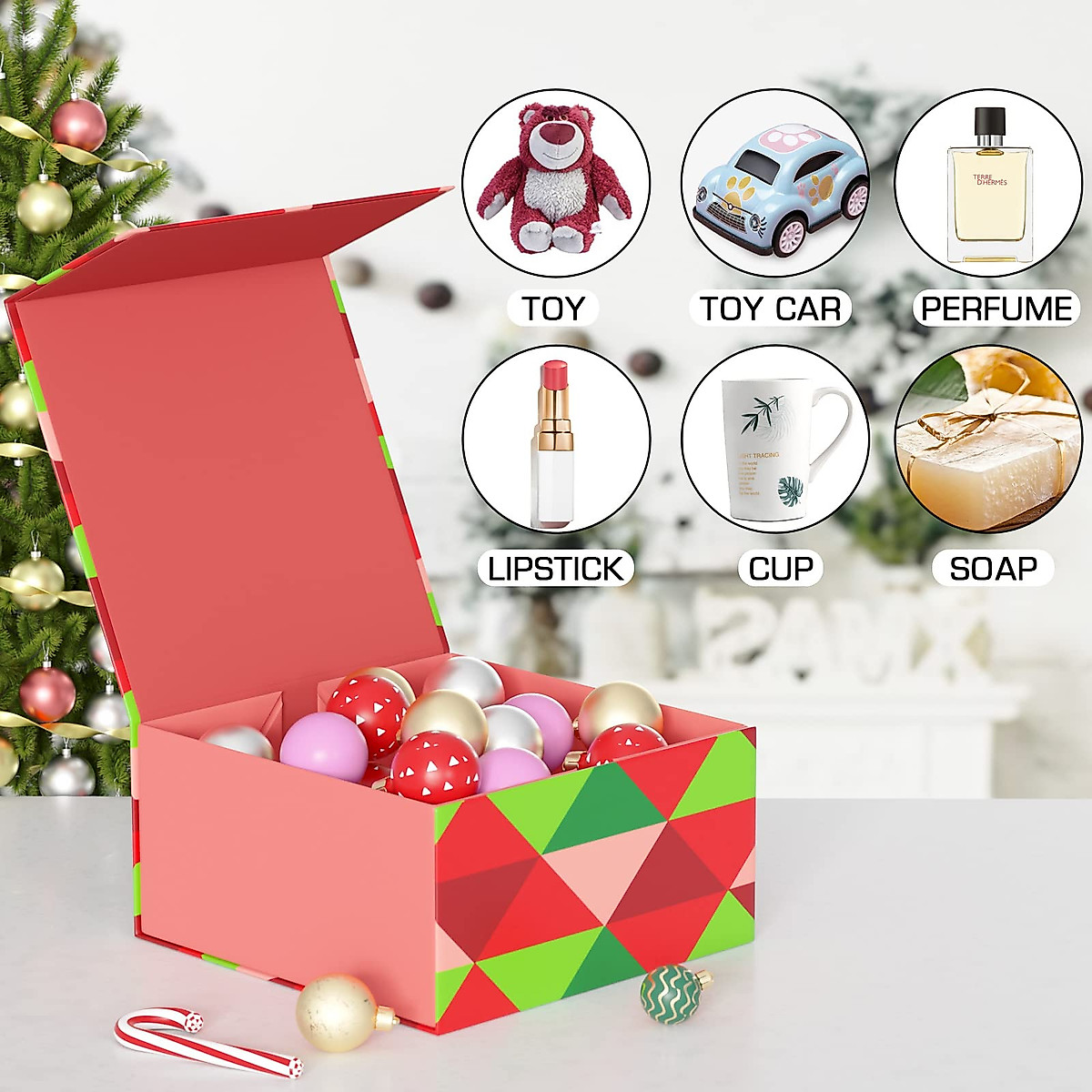 Christmas Gift Box 8"x8"x4" with Magnetic Closure Lid and Ribbon for Gift Packaging, Xmas Gift Wrapping Box for Christmas,New Year,Winter Holiday and Various Holidays