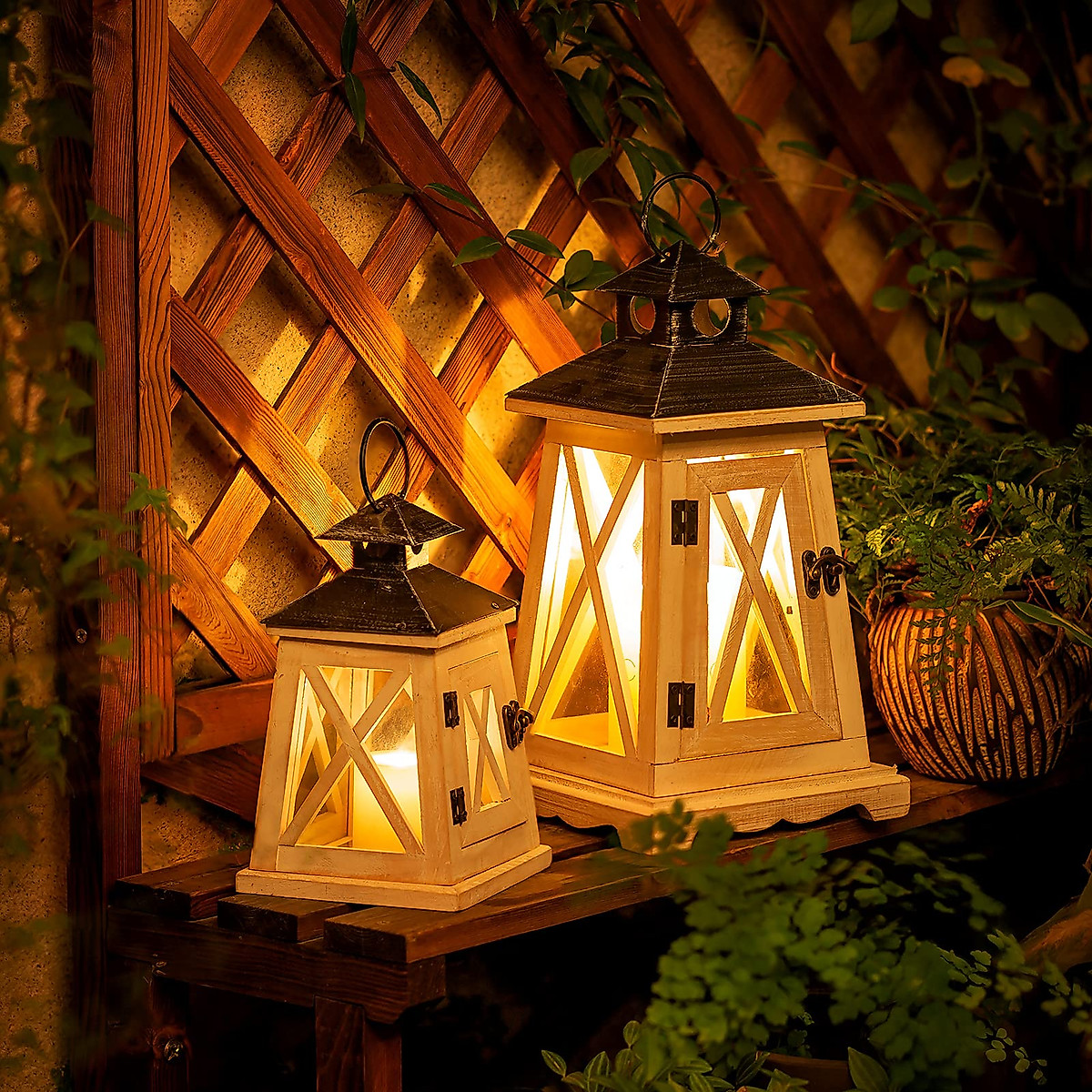 Decorative Candle Lantern Vintage Wood Lanterns with Glass Rustic Hanging Candle Holders Decor for Farmhouse Outdoor Garden Home