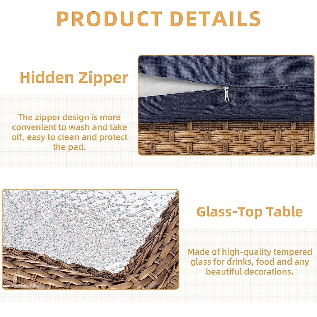 W WARMHOL 2-Person Outdoor Glider Bench Patio Double Swing Rocking Chair with Glass-Top Coffee Table, Patio Glider Wicker Porch Loveseat Seating Patio Steel Frame Chair Set with Cushion, Navy Blue