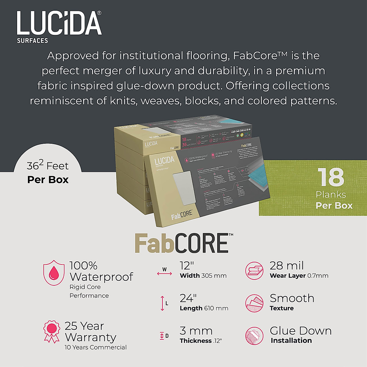 Lucida Surfaces Luxury Vinyl Floor Tiles | Glue Down Adhesive Flooring | Textured Look Plank | FabCore Solid Pattern | Single Sample Tile