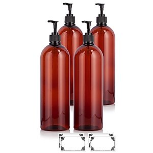 32 oz Amber Large Boston Round PET Plastic Bottles (BPA Free) with Black Lotion Pump (4 Pack) + Labels