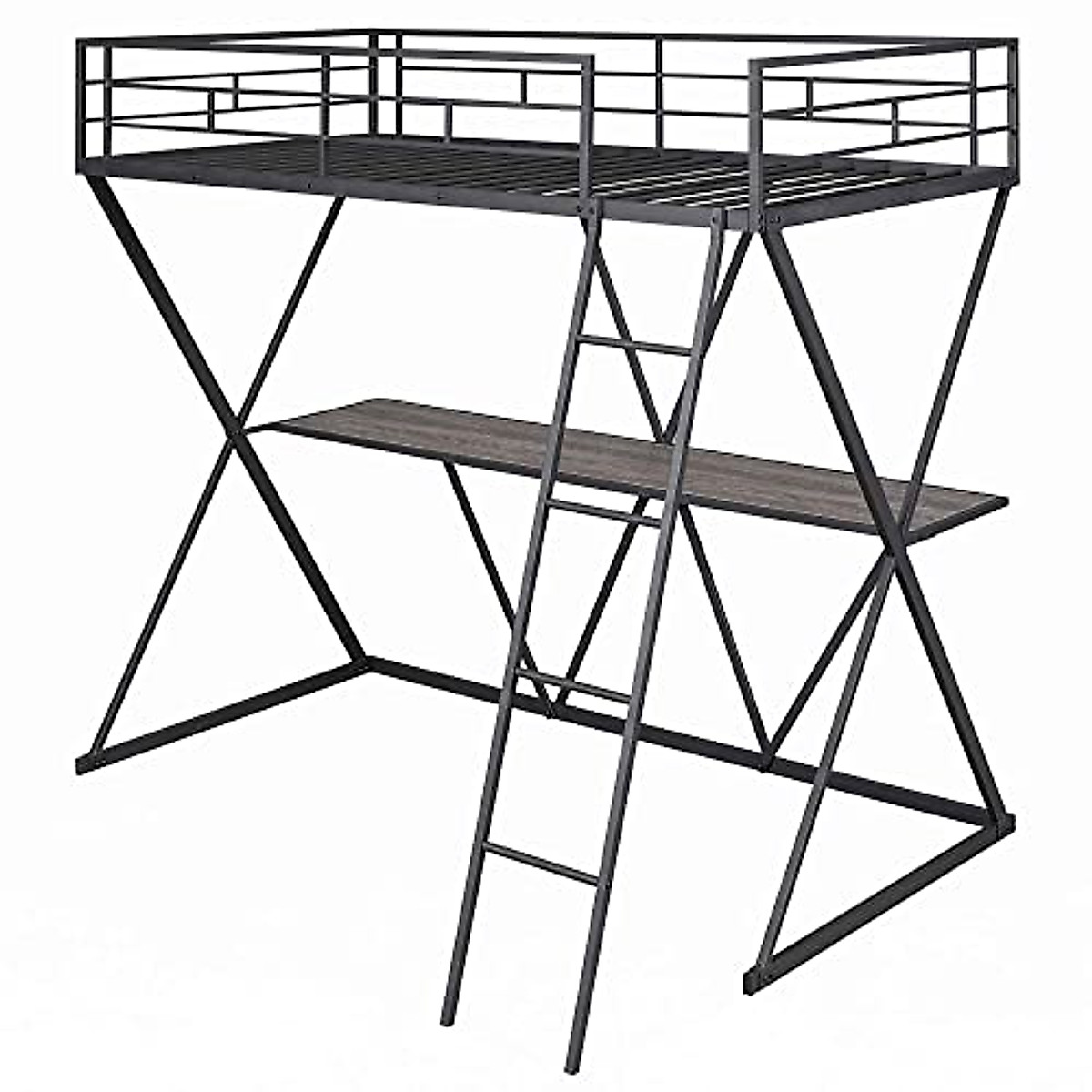 ATY Metal Loft Bed with Wood Desk and Ladder, X-Shaped Twin Size Bedframe w/Full-Length Guardrails, for Kids Teens Adults, Bedroom Furniture, Black