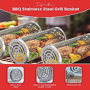 Rolling Grill Basket Stainless Steel, Barbeque Grill Basket with Removable Mesh Cover ,BBQ Accessories, Grill Baskets For Outdoor Grill, Great Rolling Grilling Basket, for Camping/Picnic, Vegetable Grill Basket, French Fries ,Fish, Chicken And Much More!
