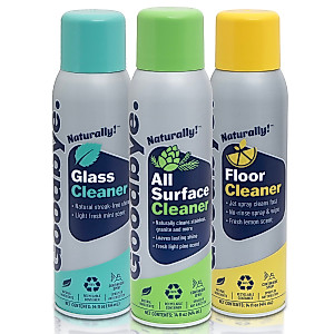 Goodbye Naturally Glass Cleaner, All Surface Cleaner and Floor Cleaner, Safe and Effective All Natural Cleaning Products, 14 oz Continuous Spray Cans, 3 Pack