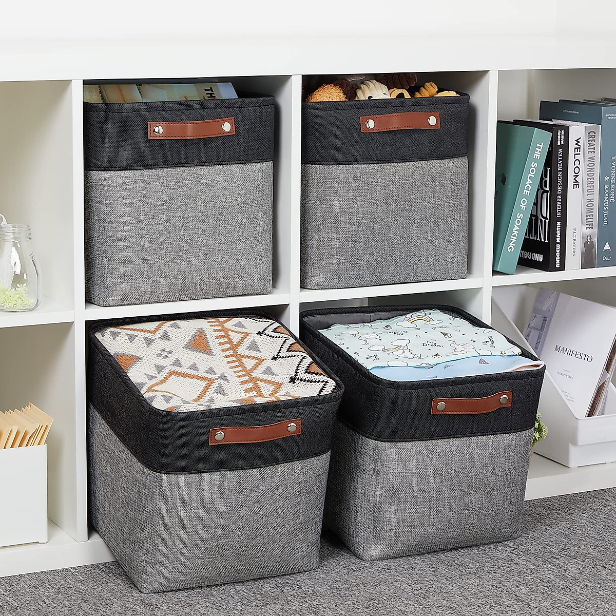 HNZIGE Fabric Cube Storage Baskets Bins Cube Baskets 11x11, Set of 4, Foldable Storage Cube Bin Baskets for Shelves with Handles, Bins for Cube Organizer Home Toy Nursery Closet Bedroom(Black White)