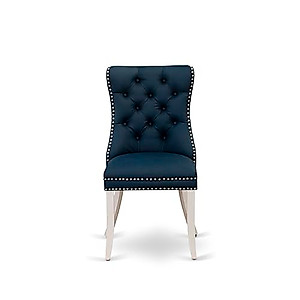 East West Furniture DAP2F29 Dallas Parson Chairs - Button Tufted Nailhead Navy Blue Polyester Fabric Padded Dining Chairs, Set of 2, Linen White