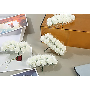 Gumolutin 144PCS Mini Fake Roses Artificial Foam Rose Heads with Wire Rods DIY Wedding Flowers Accessories Make Bridal Hair Clips Headbands Dress,Milk White