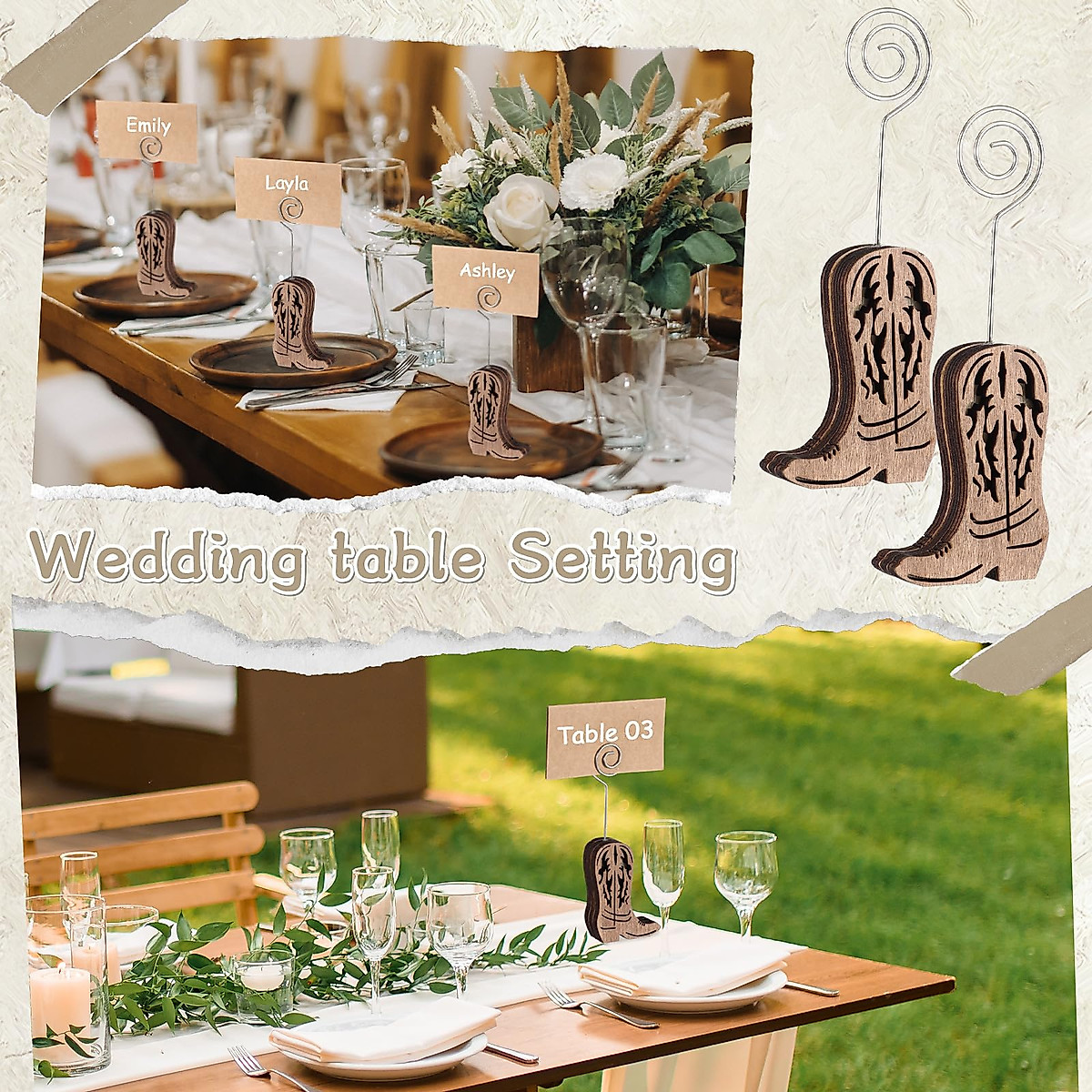 Havawish 10 Pcs Wood Cowboy Boot Place Card Holders and 10 Pcs Kraft Table Place Cards Cowboy Boots Table Number Holders Photo Holder Menu Memo Clips Cowboy Boot Decorations for Wedding Party Favors
