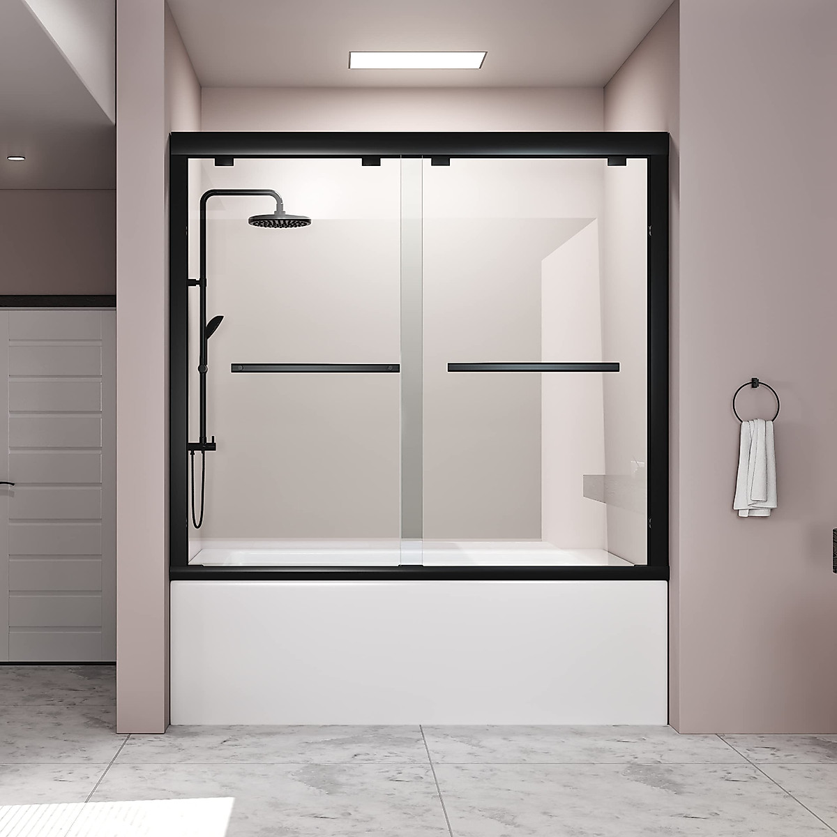 DELAVIN 56-60 in. Frameless Shower Door, Bathroom Sliding Shower Door, 5/16" (8mm) Clear Tempered Glass, SGCC Tempered Glass Door with Explosion-Proof Film