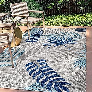 JONATHAN Y AMC100A-8 Tropics Palm Leaves Indoor Outdoor Area-Rug Bohemian Floral Easy-Cleaning High Traffic Bedroom Kitchen Backyard Patio Porch Non Shedding, 8 X 10, Gray/Blue