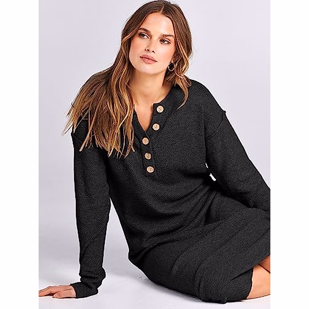 ANRABESS Women Sweater Maxi Dress Long Sleeve Button V Neck Oversized Casual Loose Waffle Knit Fall Long Midi Sweater Dress 2023 Trendy Outfits 1130heise-L Black