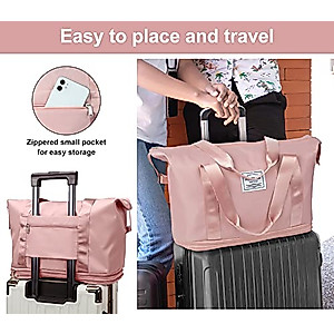 Large Capacity Folding Travel Bag, Expandable Portable Waterproof Travel Duffel Bags, Lightweight Weekender Overnight Carry on Bag for Travel Sports Gym, B Pink