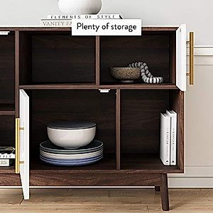 Nathan James Ellipse Multipurpose Storage Cabinet with Display Shelves and Doors, Entryway Modern Buffet or Kitchen Sideboard with Glam Gold Brass Accent, TV Stand, Walnut Brown
