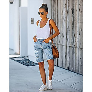 Women's Distressed Bermuda Jean Shorts Casual Summer Knee Lenght Jeans With Hole Stretchy Washed Ripped Short Denim Pants (Blue,Medium)