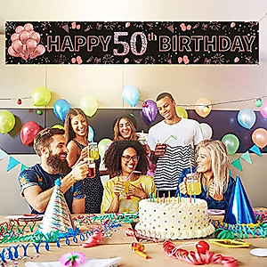 Pimvimcim Happy 50th Birthday Banner Decorations - Rose Gold Large 50th Birthday Party Sign - 50th Birthday Party Decorations Supplies for Women - 50 Years Old Birthday Photo Booth Backdrop(9.8x1.6ft)