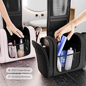 Travelaner [NEW] Hanging Toiletry Bag [Design 2023] for Women & Men, Quality Make Up & Travel Cosmetic Bag, Water Repellent, 7+ Liters of Storage Space, Large Side Pockets & Sturdy Zippers (Black)