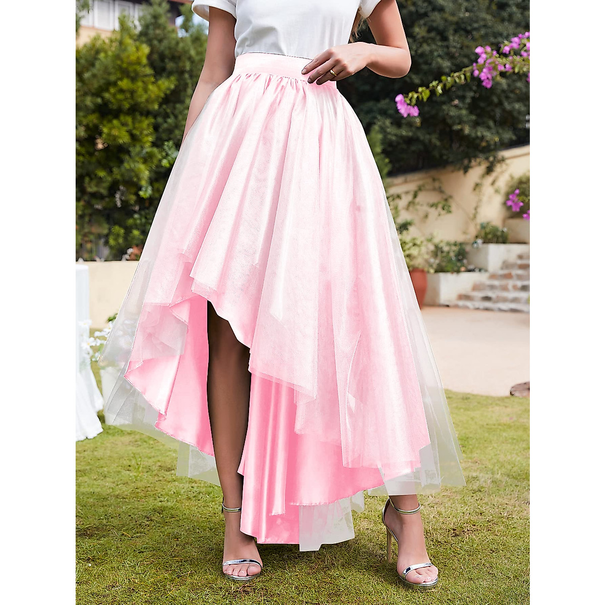 High Low Tulle Skirt Lace up Wedding Party Prom Cocktail Mesh Long Tulle Skirt for Women Pink