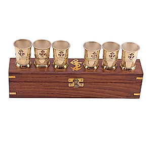 Brass Tequila Shot Glass with Anchor Monogram in Handmade Wooden Box – Six Glass Set
