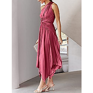ANRABESS Women's Summer One Shoulder Elegant Cocktail Party Midi Dress Sleeveless Pleated Asymmetric Satin Evening Night Dress Wedding Guest Graduation Prom Dresses 751zaohong-S Maroon