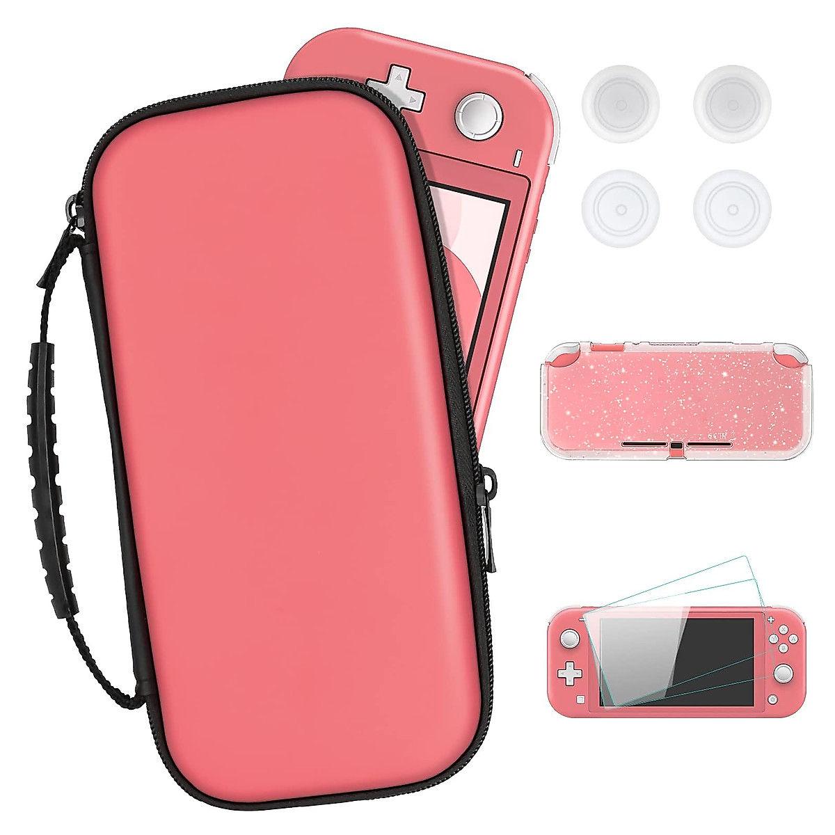 DLseego Carrying Case for Nintendo Switch lite, Newest Design Portable Travel Carrying Case 4 in 1 Accessories Kit with 1 Pcs Glitter case, 2 Pcs Screen Protectors and 4 PcsThumb Grips Caps -- Pink
