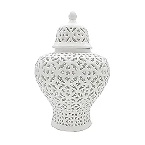 Galt International 19.5” Lattice Ginger Jar with Lid - Home Decor with Intricate Mediterranean Inspired Lattice Work - Living Room and Kitchen Decoration - 19.5” (White)