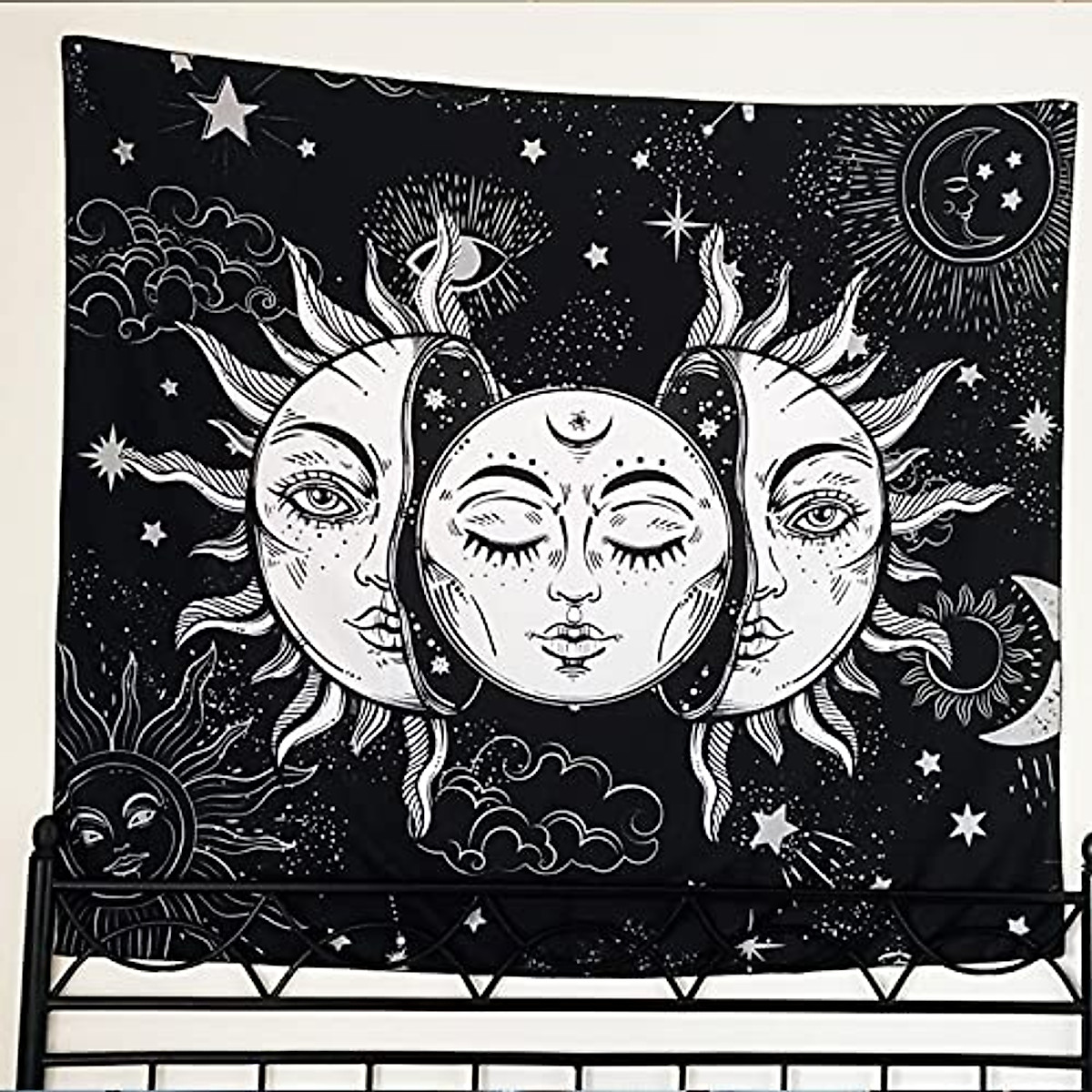 Instruban Sun and Moon Tapestry Black and White Tapestry Burning Sun God with Stars Wall Tapestry Psychedelic Tapestry for Bedroom Aesthetic - 51.2x59.1 Inches