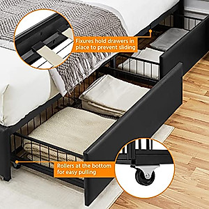 Yaheetech Upholstered Bed Frame with 4 Storage Drawers and Adjustable Headboard, Faux Leather Platform Bed Frame with Mattress Foundation, Strong Wooden Slats Support, No Box Spring Needed, Black-Full