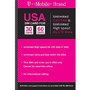 T-mobile Brand USA Prepaid Travel SIM Card Unlimited Call, Text and 4G LTE Data (for use in USA only) (for Phone use only. NOT for Modem/WiFi Devices) (30 Days)